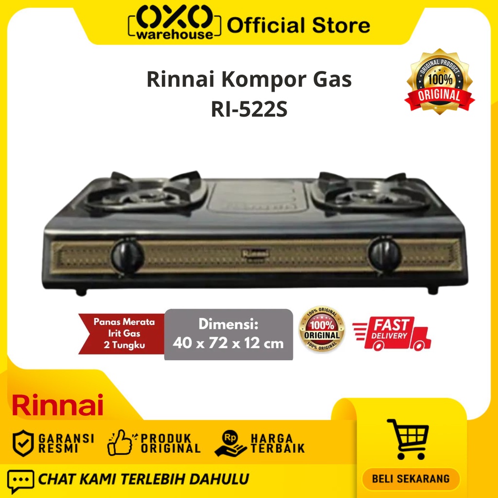 Jual Rinnai Kompor Gas RI-522S 2 Tungku Anti Karat Garansi Resmi ...