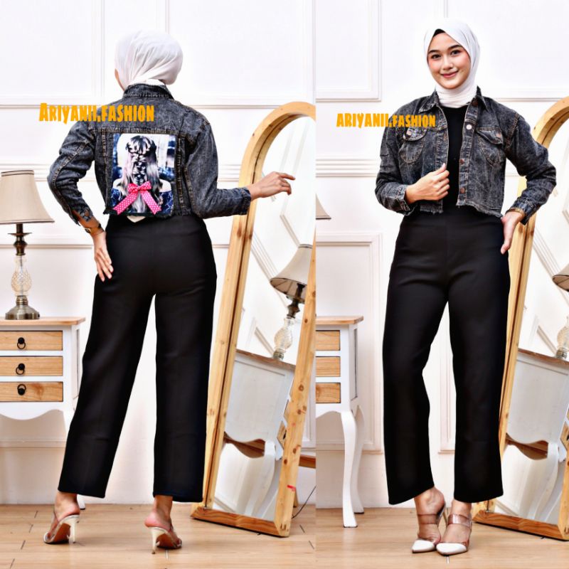 Jual ARN - JAKET JEANS CROP WANITA PITA BELAKANG KEKINIAN LD 120cm OVERSIZE JACKET DENIM SOBEK ...