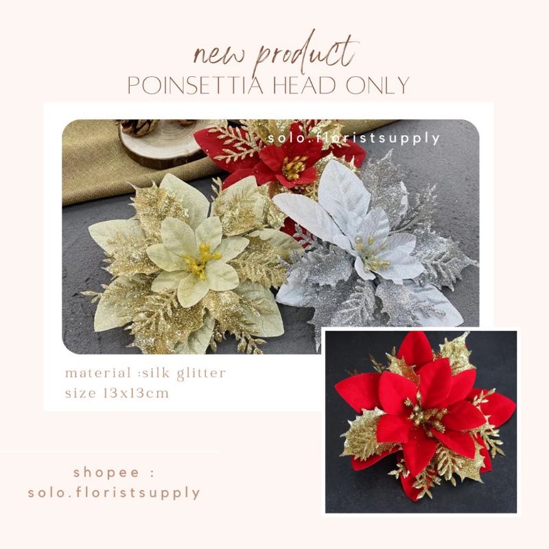 Jual 13cm POINSETTIA HEAD ONLY BUNGA GLITTER ARTIFICIAL HIASAN POHON ...
