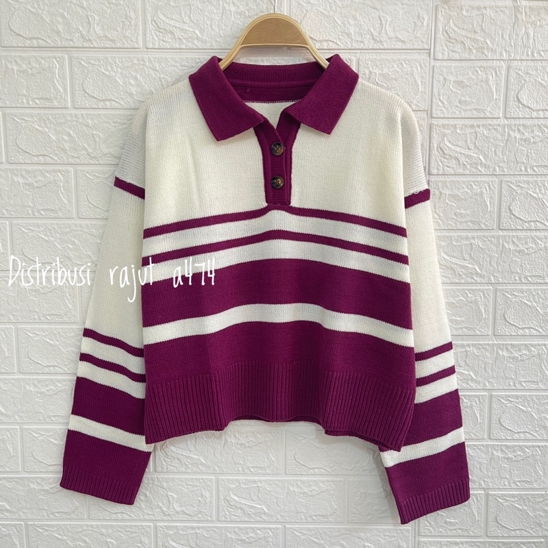 Jual PEPONI Sweater Rajut Oversize Kerah Polo Kancing Stripe Premium ...