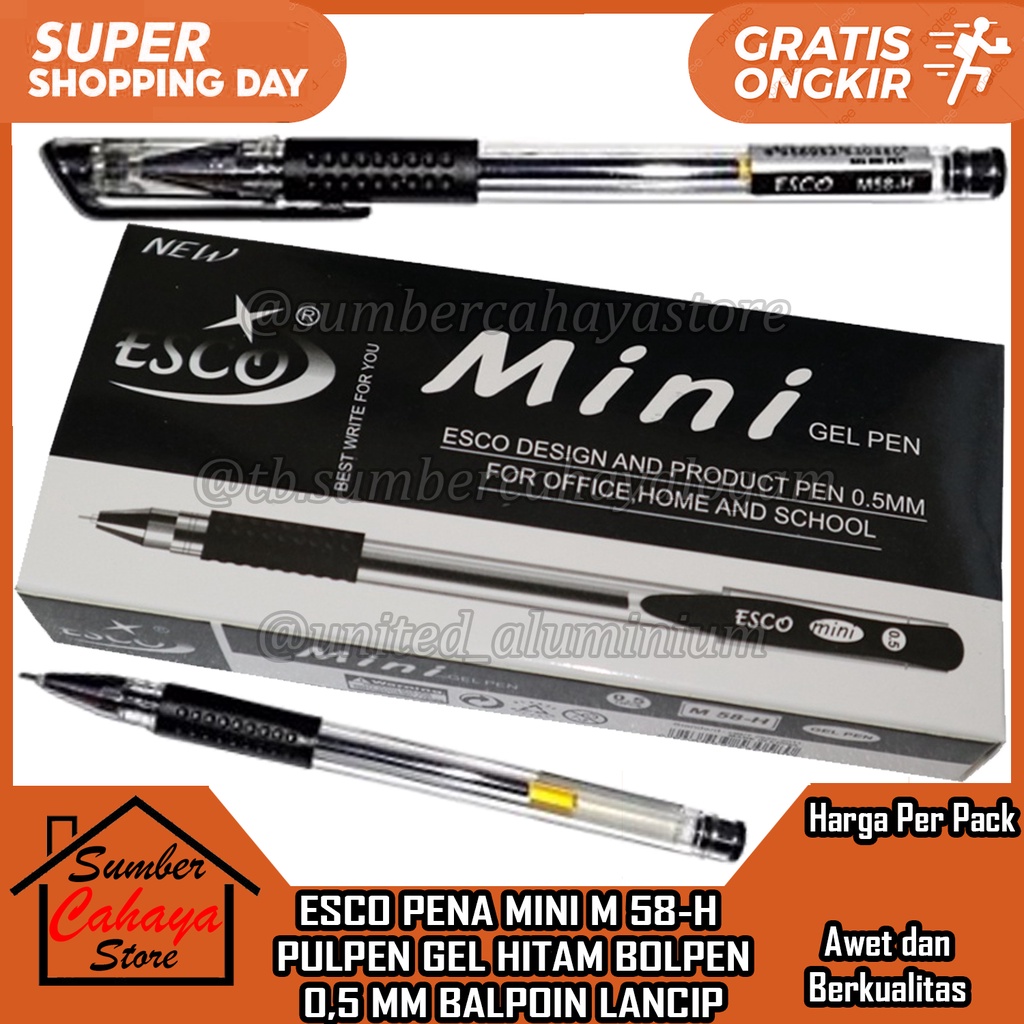 Jual Bolpen Esco Mini Gel Pen hitam isi 12pcs PENA GELL 0.5MM M 58-H ...