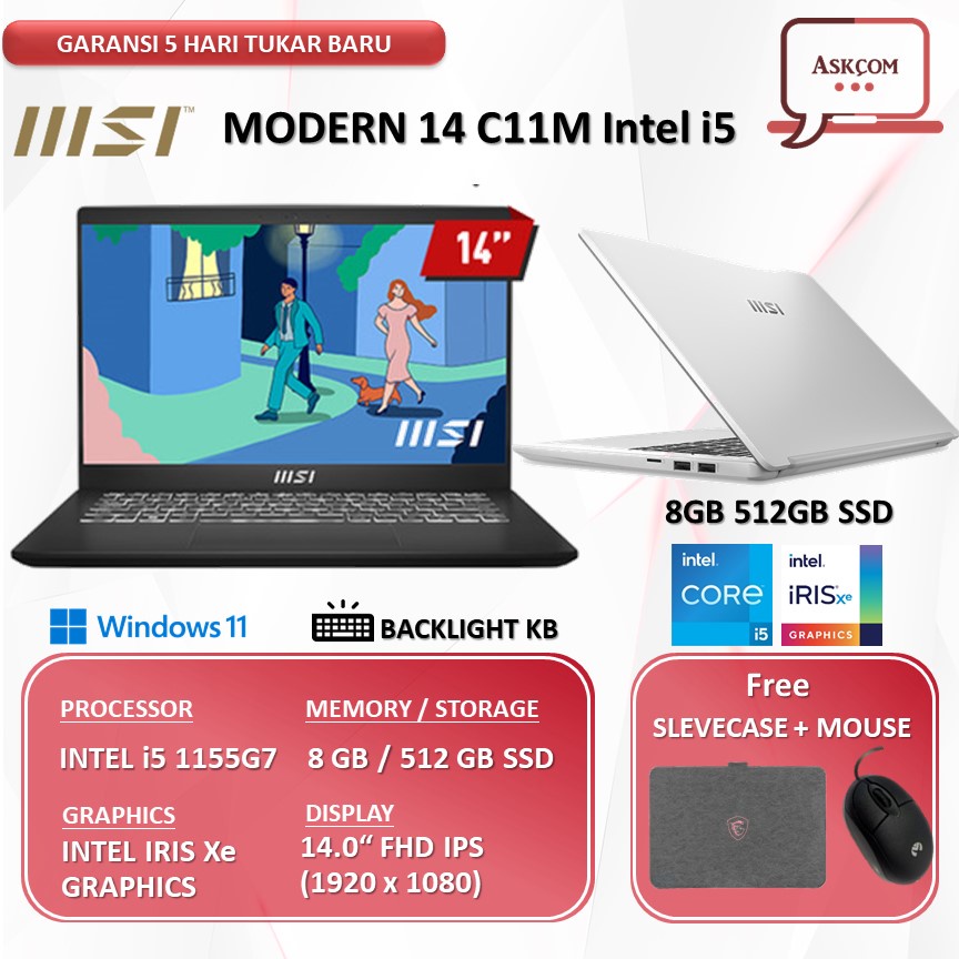 Jual Laptop Gaming MSI Modern 14 i5 1155G7 512ssd 8GB RAM IRIS xe 14.0FHD IPS W11 C11M.004 ...