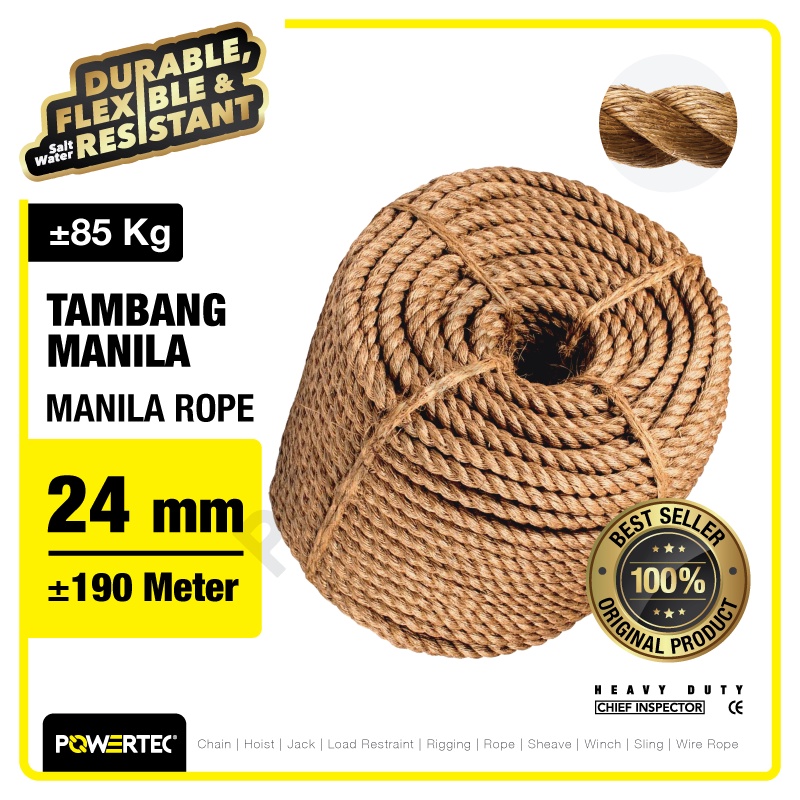 Jual POWERTEC Tali Tambang Manila Rope 24mm x 190m x 85kg Tampar Dadung ...