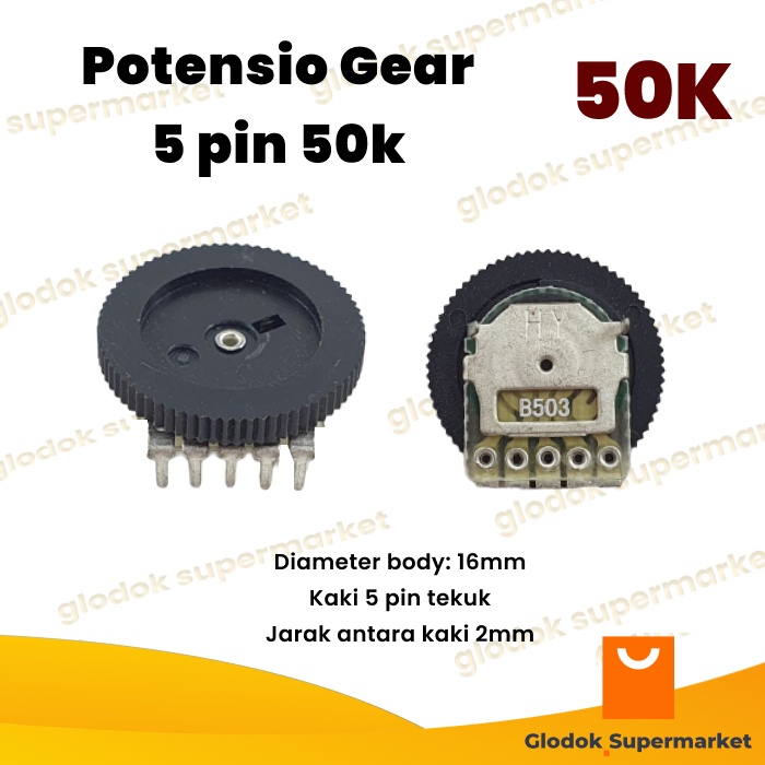 Jual Potensio Gear 5 pin 50k Stereo Tuning FM Kancing Kaki 5 Tekuk ...