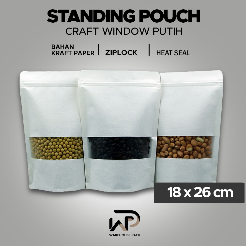 Jual ( 1 Pcs ) Standing Pouch Kraft Paper Putih Window 18 x 26 cm ...