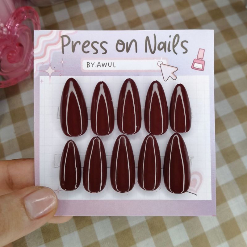 Jual Press on Nails Glossy Maroon - Fake nails by.awul | Handmade Fake ...