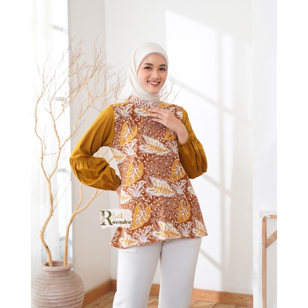 Jual Blouse Batik Cap Daun Kuning Kombinasi Toyobo | Shopee Indonesia