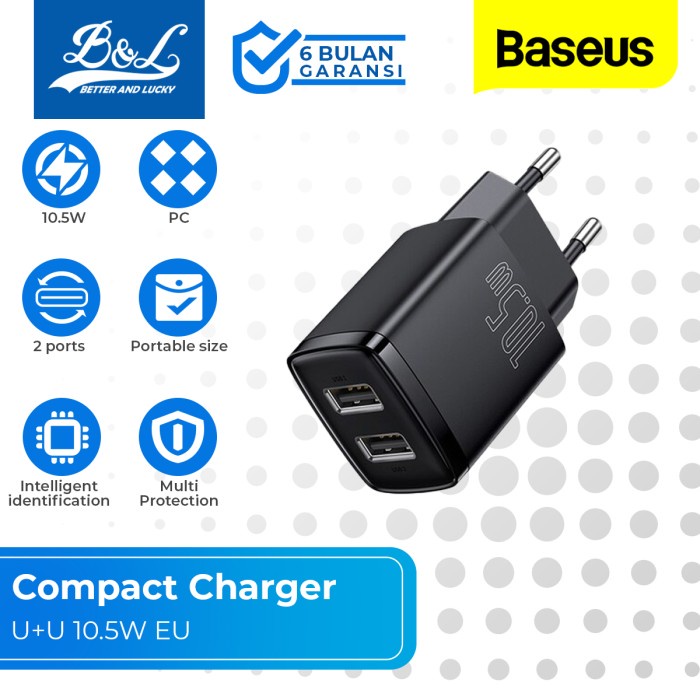 Jual BASEUS Compact Handphone Charger 2 Port USB 10.5W | Shopee Indonesia