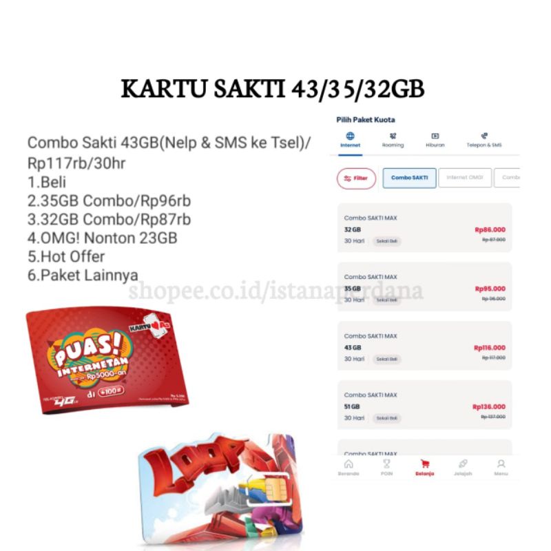 Jual KARTU SAKTI TELKOMSEL COMBO SAKTI 43GB 35GB 32GB KARTU AS/KARTU LOOP | Shopee Indonesia