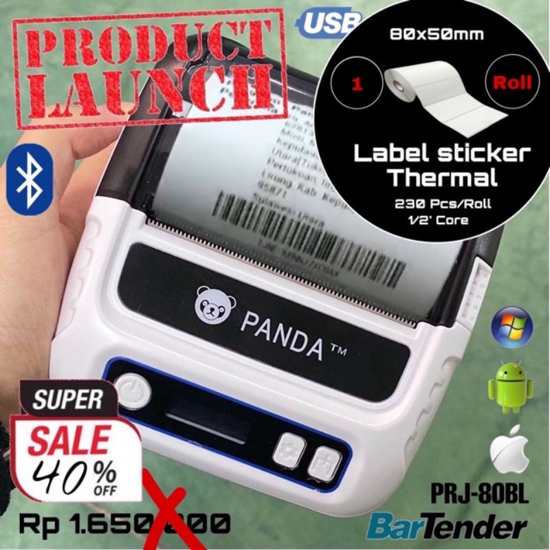Jual MOBILE LABEL/BARCODE PRINTER PANDA PRJ-80BL BLUETOOTH +STICKER ...