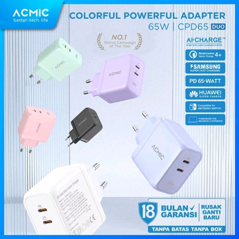 Jual ACMIC CPD65 DUO 65W GaN Super Fast Charging Dual Port Type-C PD ...