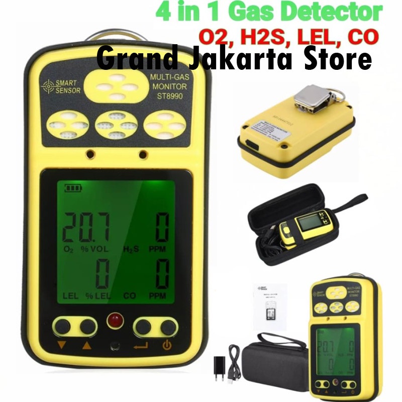 Jual H2S O2 CO LEL Smart Sensor Gas Detector ST8990 Multi 4in1 Monitor ST-8990 Detektor Oxygen ...