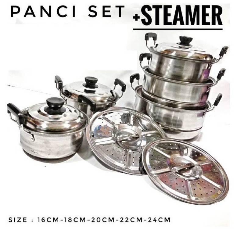 Jual Panci Set 5in1 Plus Steamer Stainless - Panci 16-24CM Original ...