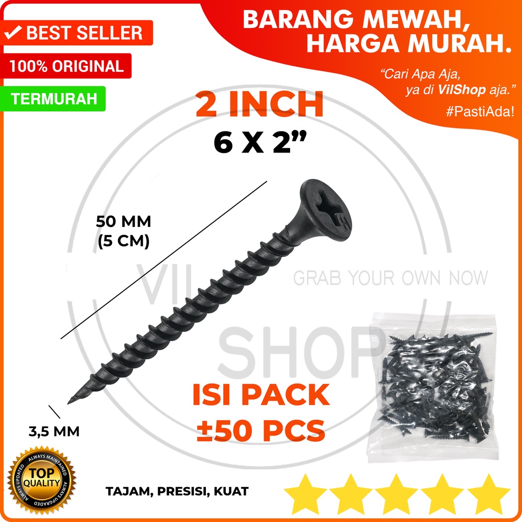 Jual SKRUP GYPSUM RUNCING 2 INCH 1 BUNGKUS DRYWALL SCREW SEKRUP GIPSUM HITAM PANJANG 2" 5 CM ...