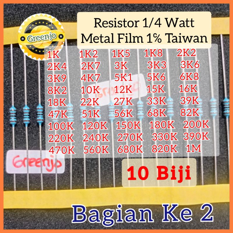 Jual x10 Resistor Taiwan 1/4 Watt 1K ~ 1M Metal Film 1℅ ( Bagian ke 2 ) 1/4W Kaki Tembaga TEBAL ...