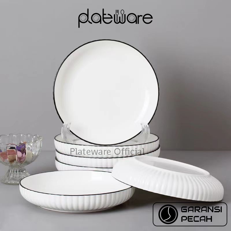 Jual Piring Makan Piring Dessert Putih List Hitam Ukuran 18cm dan 20cm ...