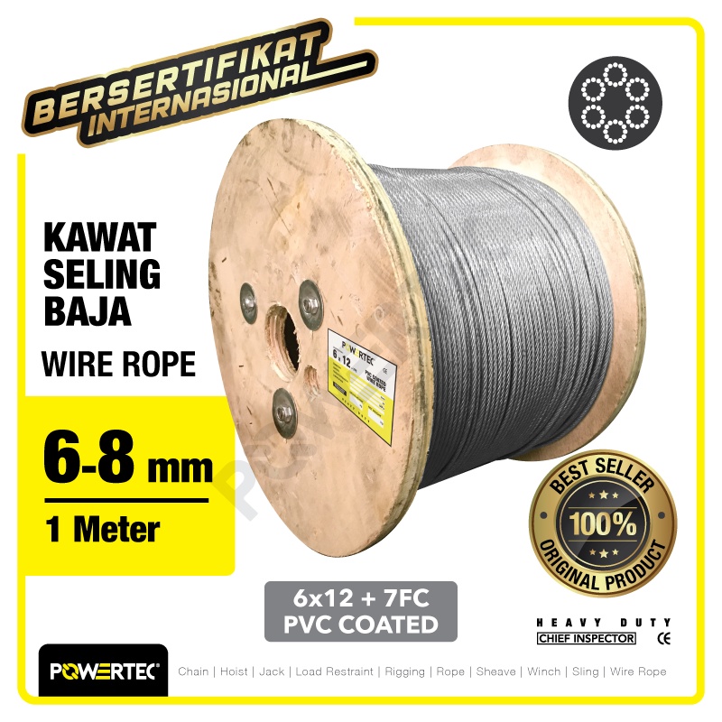 Jual POWERTEC Wire Rope / Kawat Seling Baja 6x12 7FC PVC 6-8mm - 1 Meter | Shopee Indonesia
