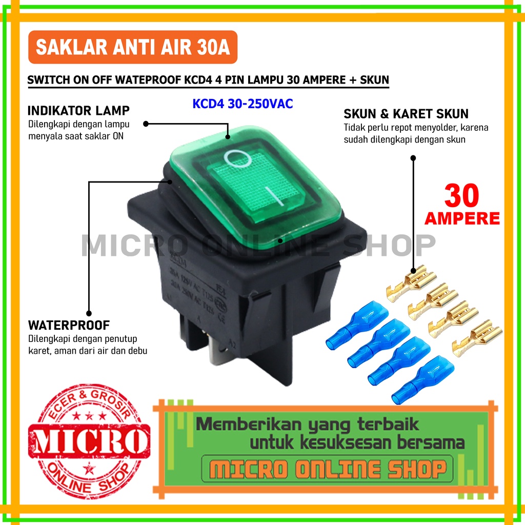 Jual Switch On-Off 30 Ampere 4 Pin Besar Anti Air Hijau + Skun Saklar ...