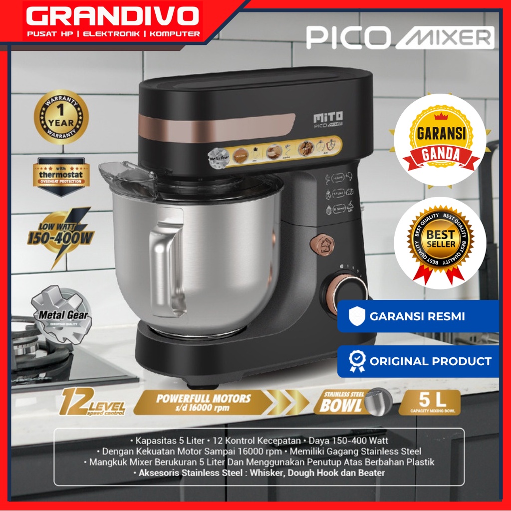 Jual MITO Stand Mixer MX500 Pengaduk Adonan Kue 5L Pico Mixer (Black) Garansi Resmi-Grandivo ...