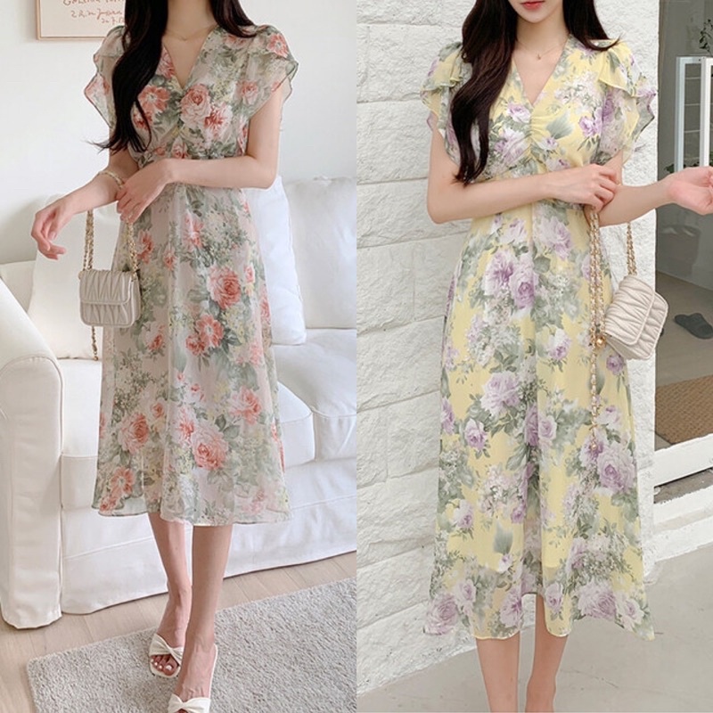 Jual Ryo Dress Korean Floral Summer Pantai Sweet Holiday Midi Pastel ...