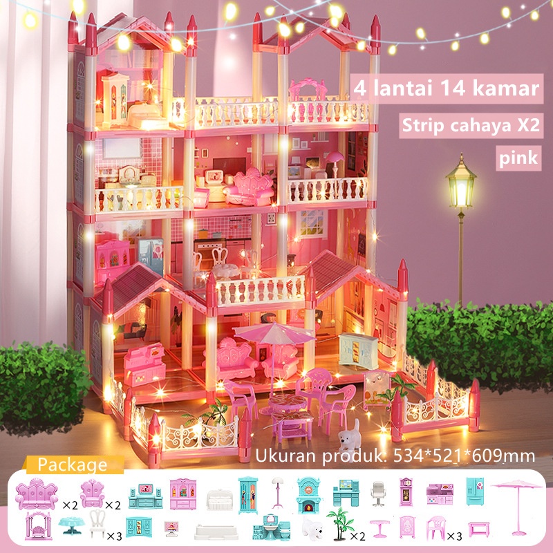 Jual 3D Princess Big Villa DIY Rumah Boneka Pink Castle Bermain Rumah ...