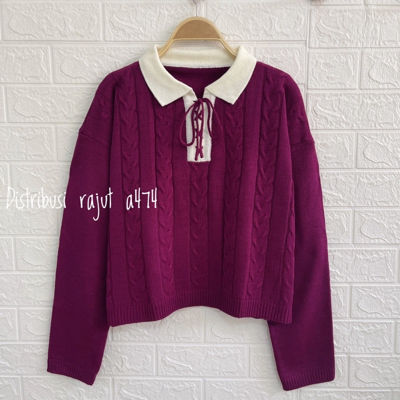 Jual DEVINA SWEATER RAJUT POLO TALI MOTIF CABLE WANITA OVERSIZE ...