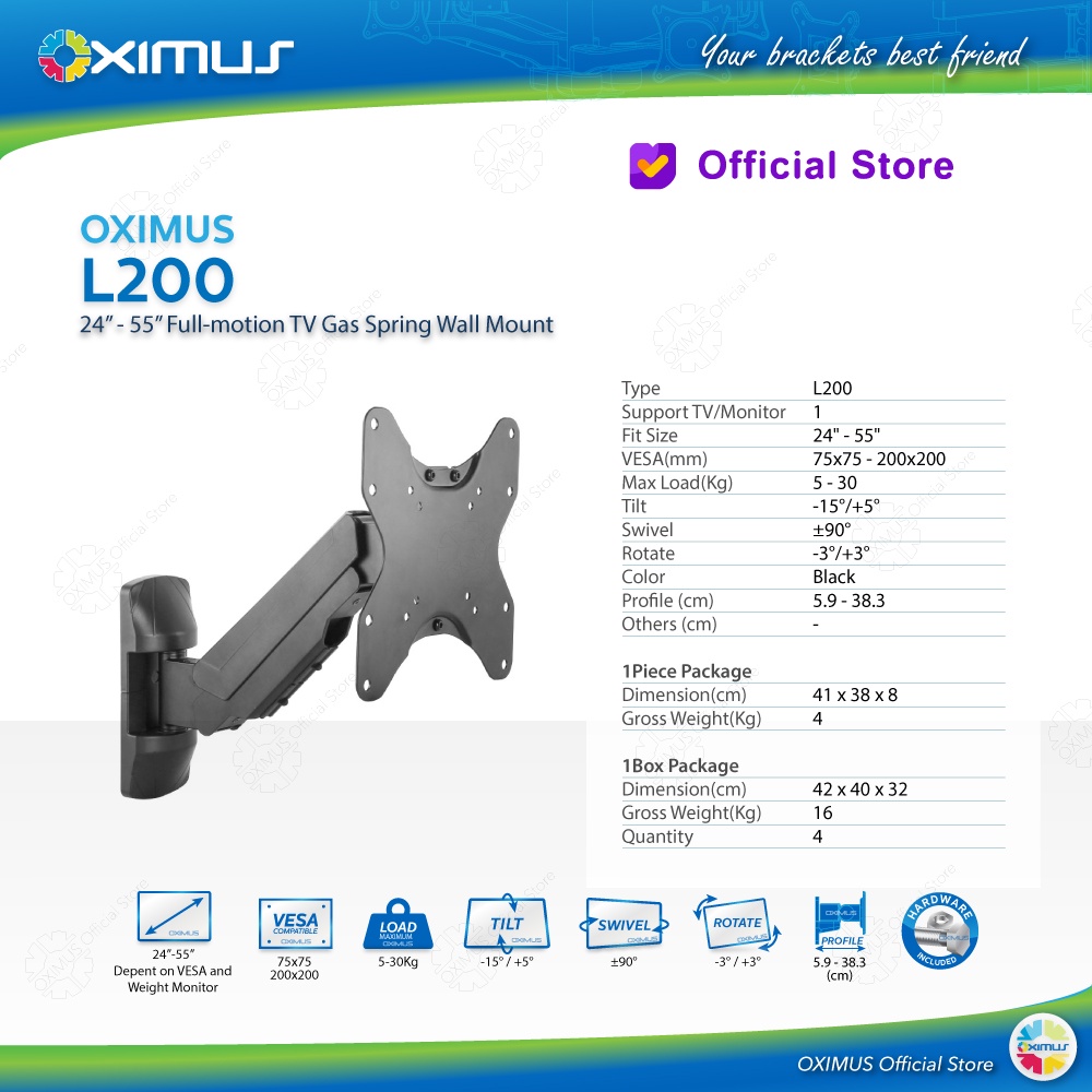 Jual Bracket TV Wall Gas Spring Naik Turun Swivel 24" - 55" OXIMUS L200 ...