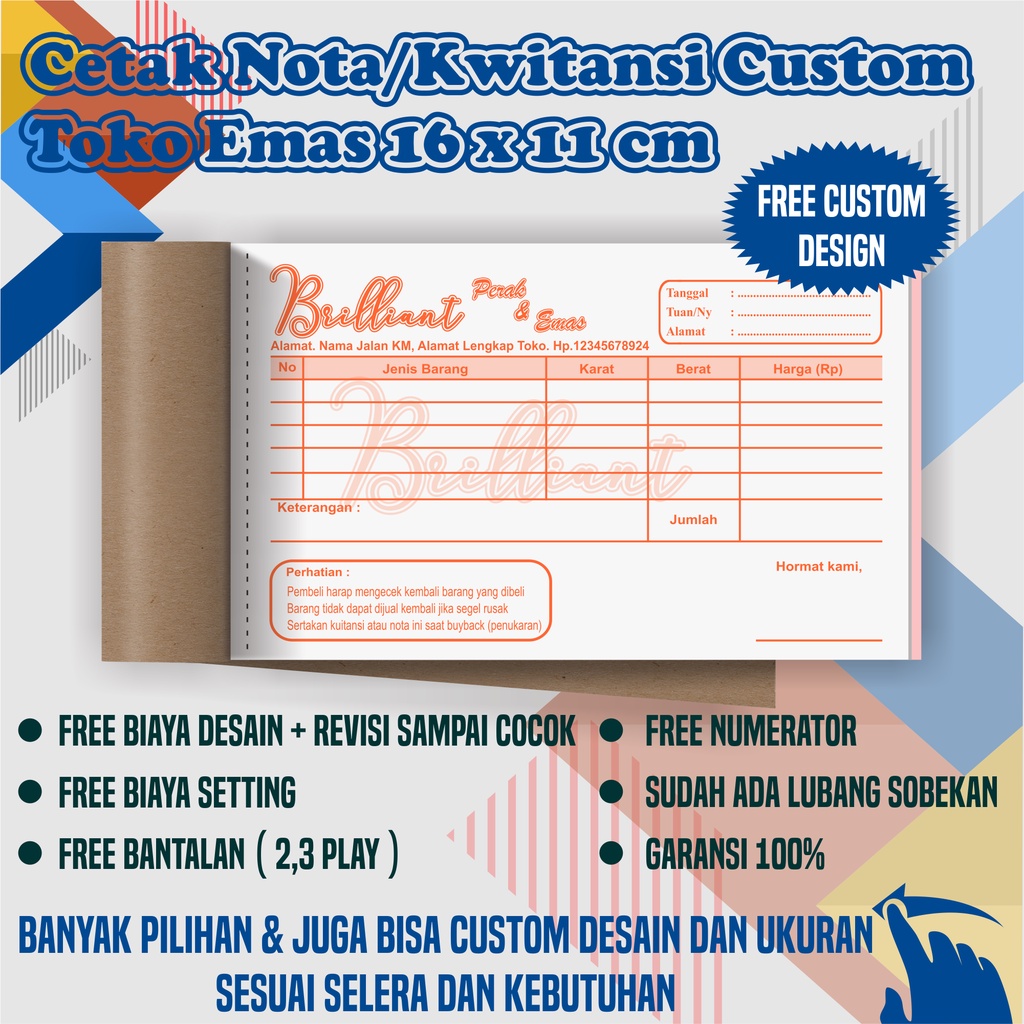 Jual CETAK NOTA/KWITANSI TOKO EMAS,TOKO BANGUNAN DLL, UKURAN 11X16CM ...