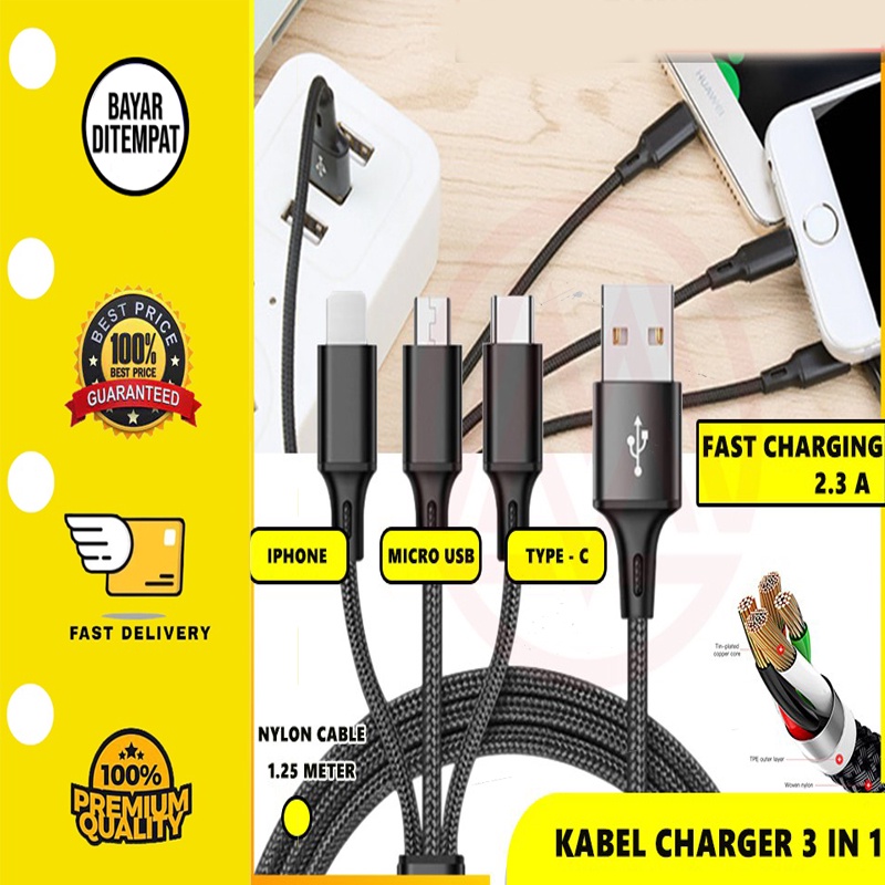 Jual KABEL CHARGER HP 3 IN 1 FAST CHARGING KABEL CAS TYPE C MICRO USB ...