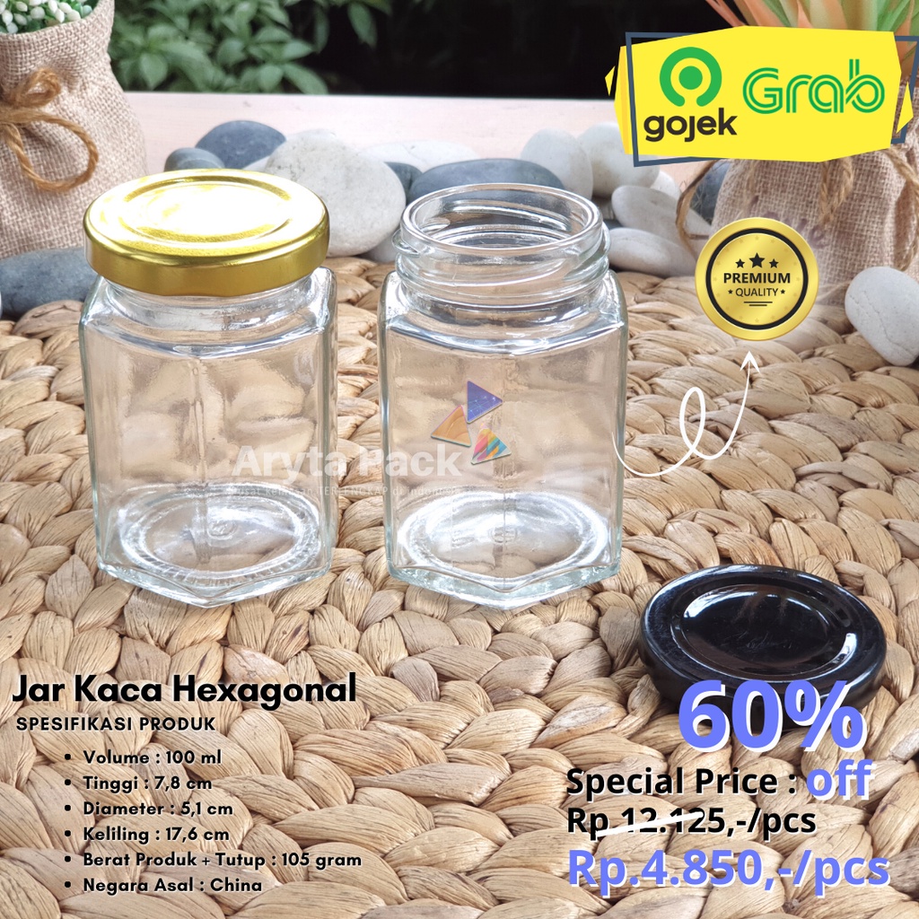 Jual Jar kaca 100ml hexagonal glass jar toples madu tutup kaleng emas ...