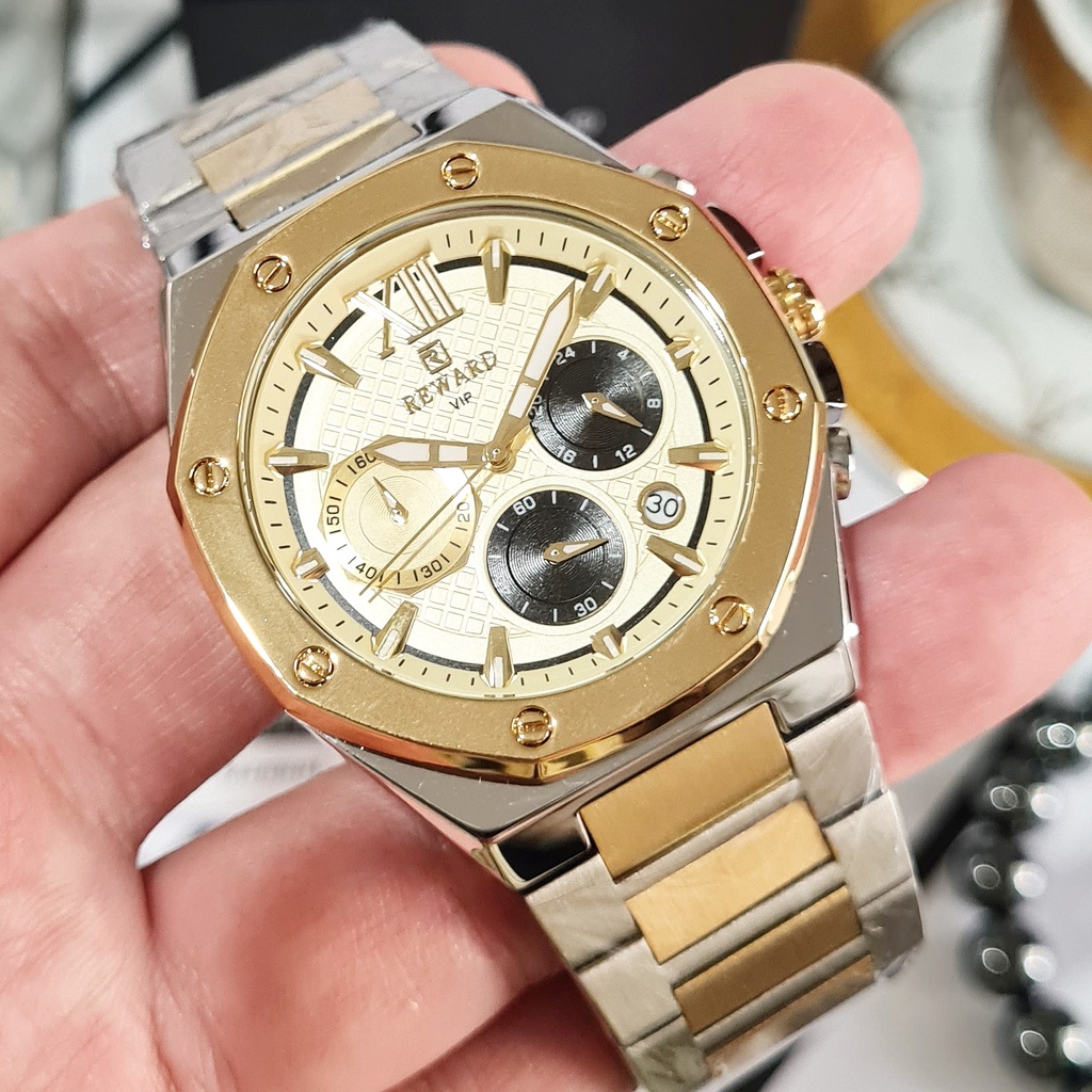 Jual REWARD Jam Tangan Pria Rantai Stainless Steel Besi Chronograph Chrono Aktif Gold Silver ...
