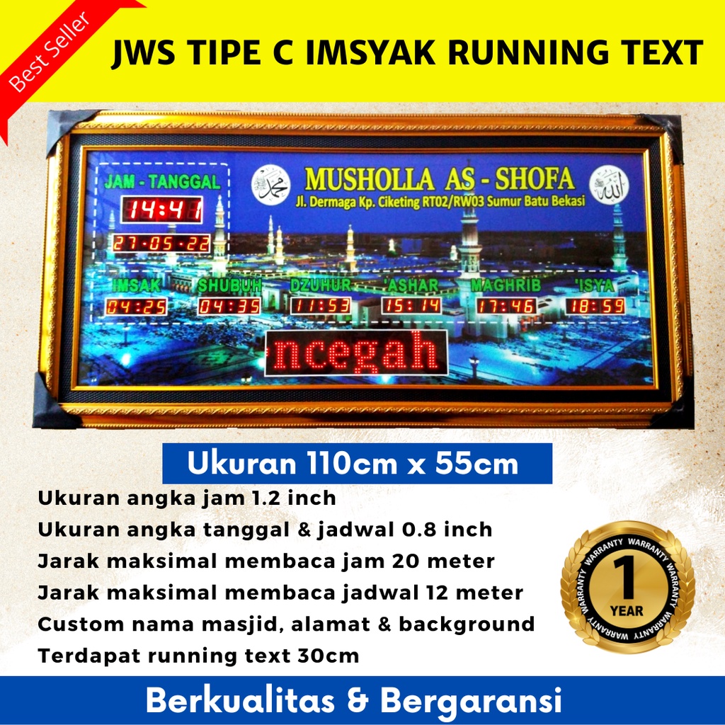 Jual Jam Masjid Jadwal Sholat Digital Ukuran 110 cm x 55 cm Pakai ...