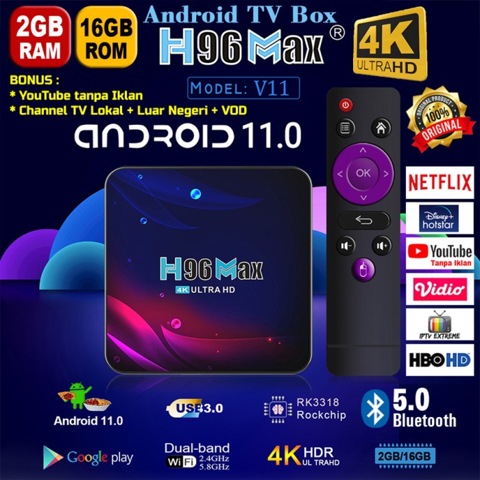 Jual Tv Box H96 Max V11 Ram 2Gb +16Gb Tv Box Android 11 Bluetooth 4K Dual Wifi Stb | Shopee ...