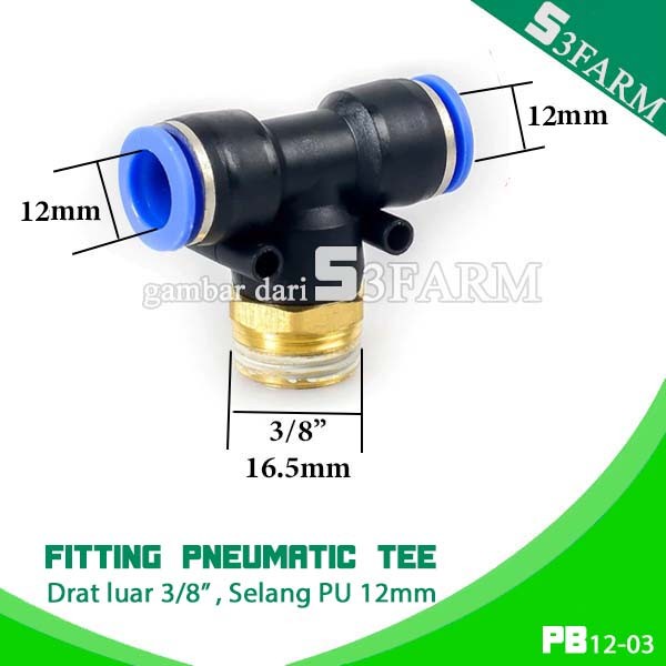 Jual PB12-03 FITTING TEE DRAT PNEUMATIC T SLIP LOCK SELANG PU 12MM X ...