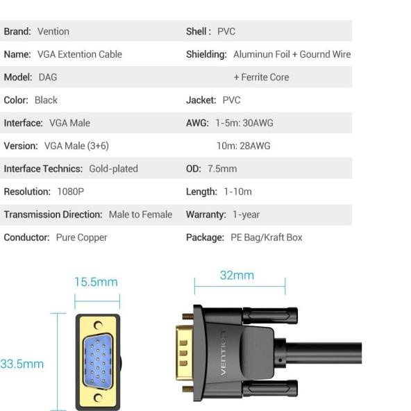 Jual Vention DAA 5M - Kabel Extension VGA Male to Female | Shopee Indonesia