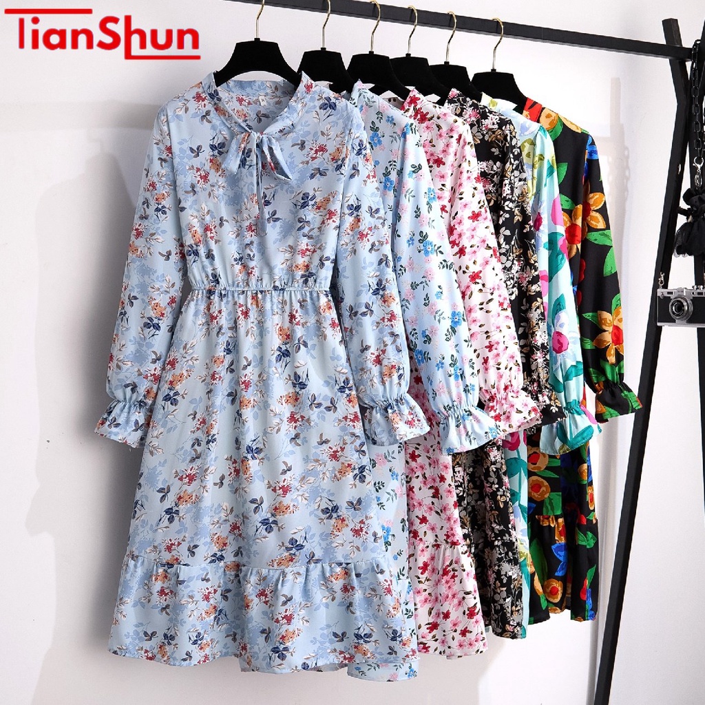 Jual Tianshun New Fashion Floral A-line Long Sleeves Midi Dress Sifon ...