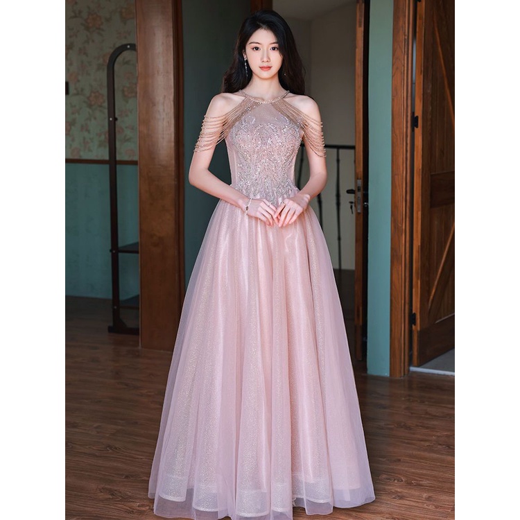 Jual Gaun malam merah muda wanita musim panas panjang elegan temperamen ...