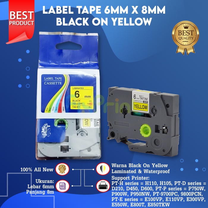 Jual Compatible Label Tape Laminated TZE-611 6mm X 8m Black On Yellow ...