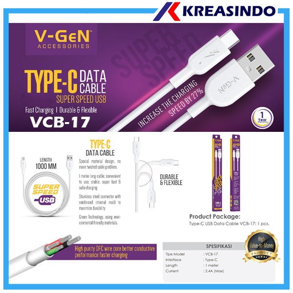 Jual KABEL DATA V-GEN VCB-17B TYPE C FAST CHARGING | Shopee Indonesia