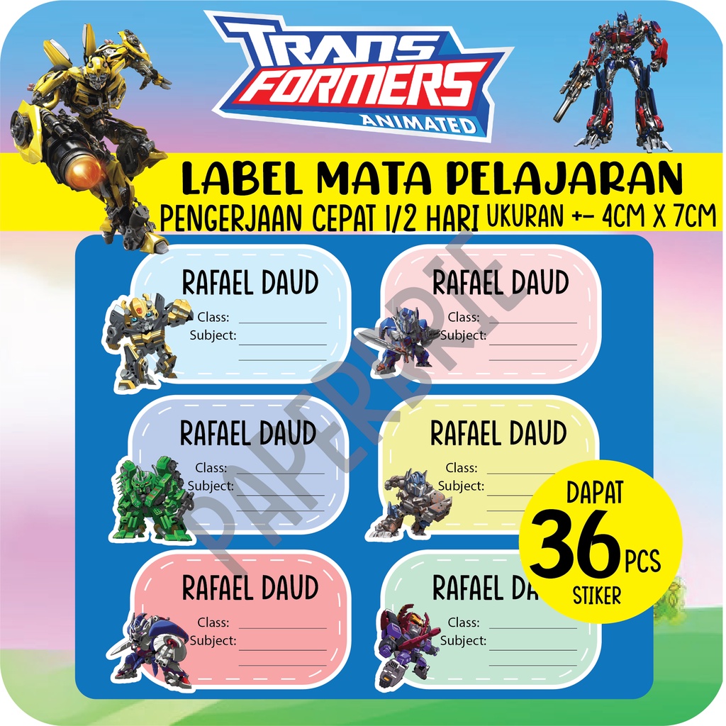 Jual [Stiker Mapel Transformer ] Sticker Nama Buku Sekolah Custom ...