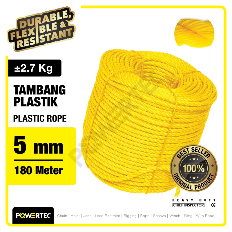 Jual POWERTEC Tali Tambang Plastik 5mm x 180m Plastic Rope - Kuning ...