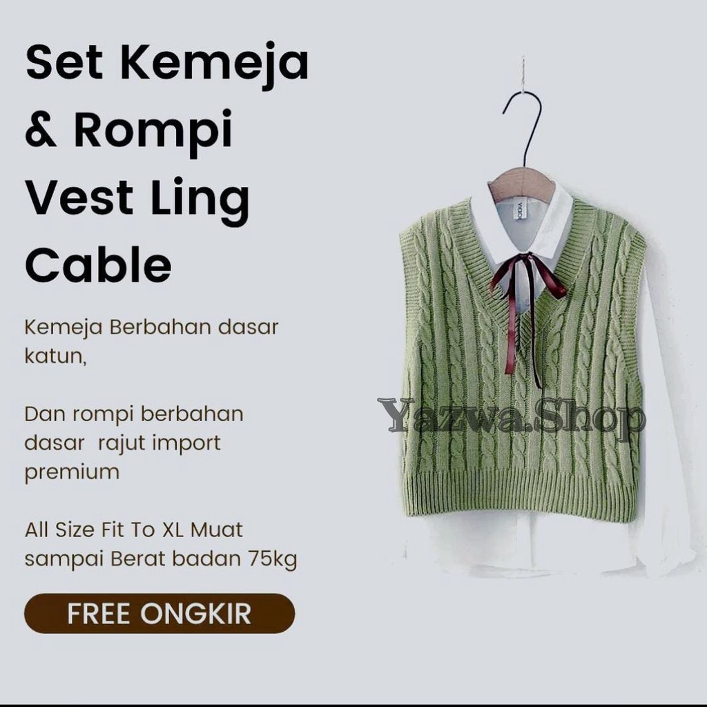 Jual TERBARU Set Rompi Vest Cable Rajut Wanita Dewasa Dan Kemeja Putih ...