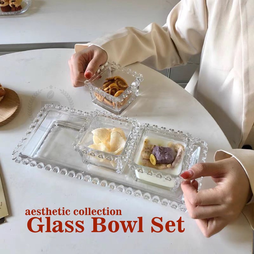 Jual 4IN1 Aesthetic Plate Set Piring Kaca Kristal Kotak Motif Hati ...