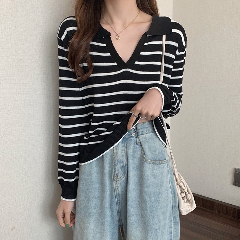 Jual Knitwear Stella Sweater Crop Rajut Sweater Bergaris Baju Rajut ...