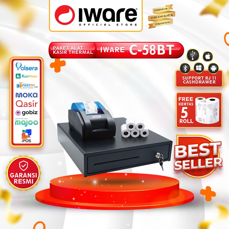 Jual Iware Paket Alat Kasir Printer Bluetooth Thermal Cash Drawer Free Kertas 5 Roll Support ...