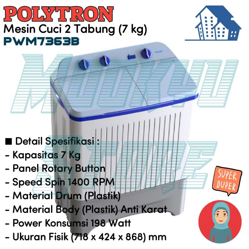 Jual POLYTRON Mesin Cuci 2 Tabung PWM 7363 B | PWM7363B | Washer Twin ...