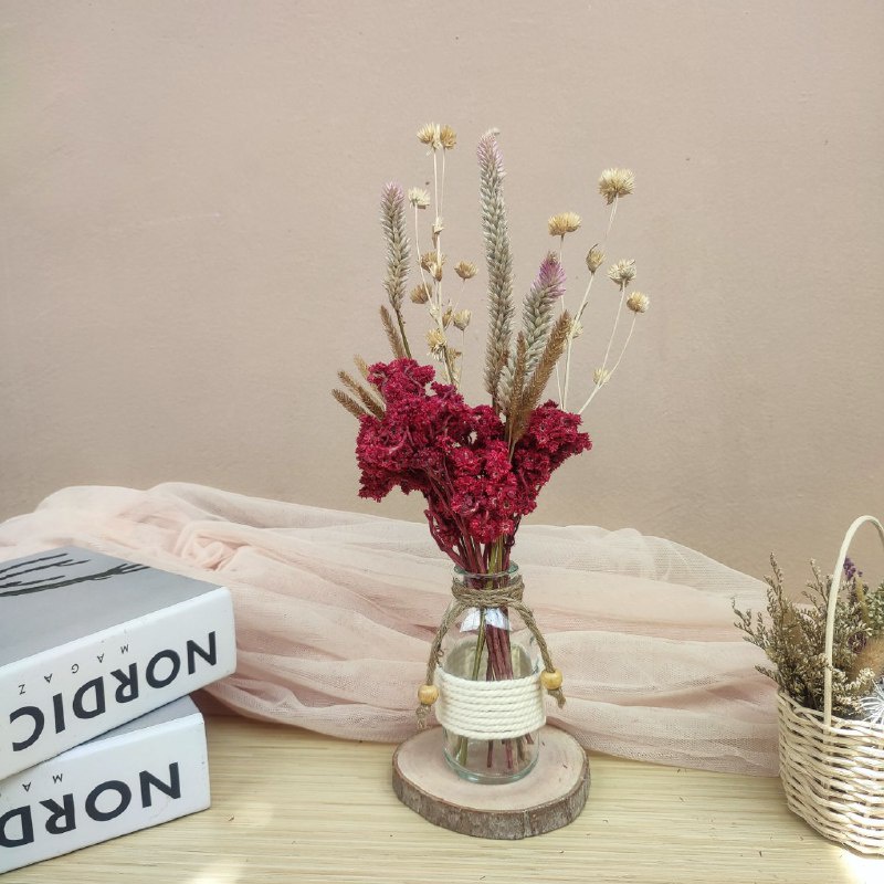 Jual Felisha set | satu set bunga kering | vas kaca | vas kayu | bunga ...