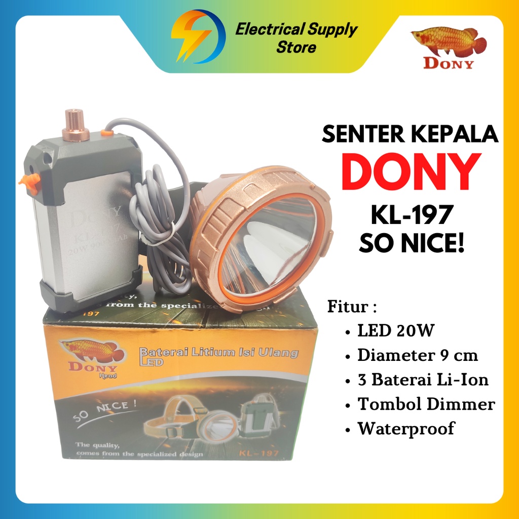 Jual SENTER KEPALA DONY KL-197 | SO NICE | LED-20W | DIMMER(TOMBOL PUTAR)| BATERAI GANTUNG ...