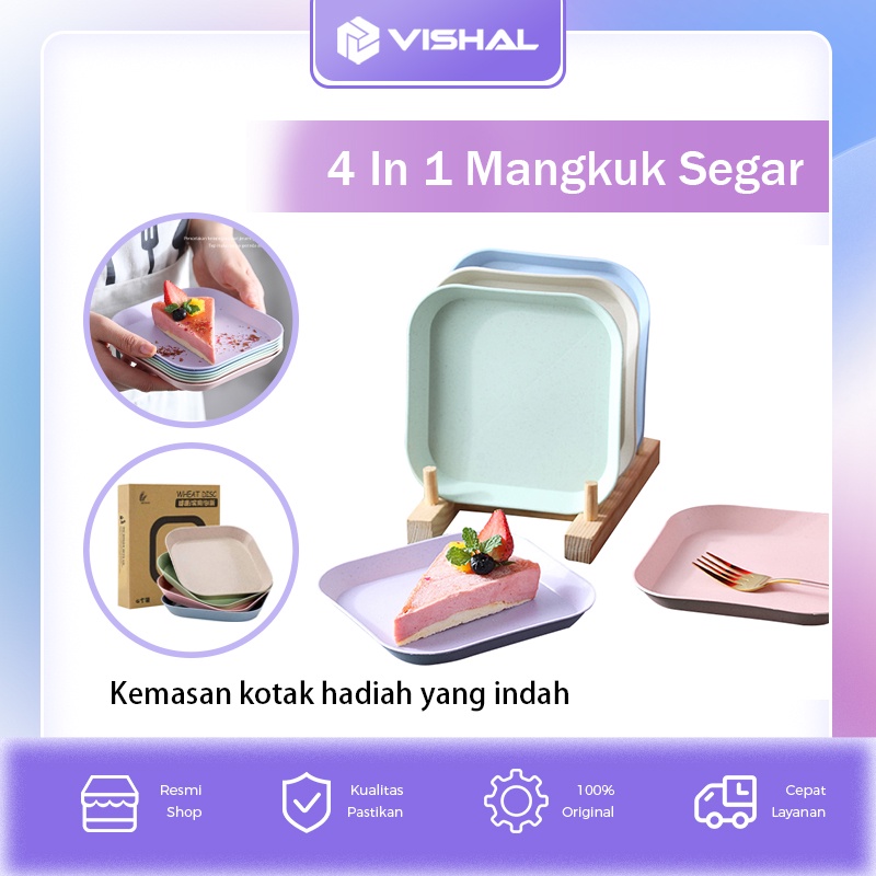 Jual VISHAL Wheat Straw Piring Square Plate Set 4 Pcs Warna Warni ...