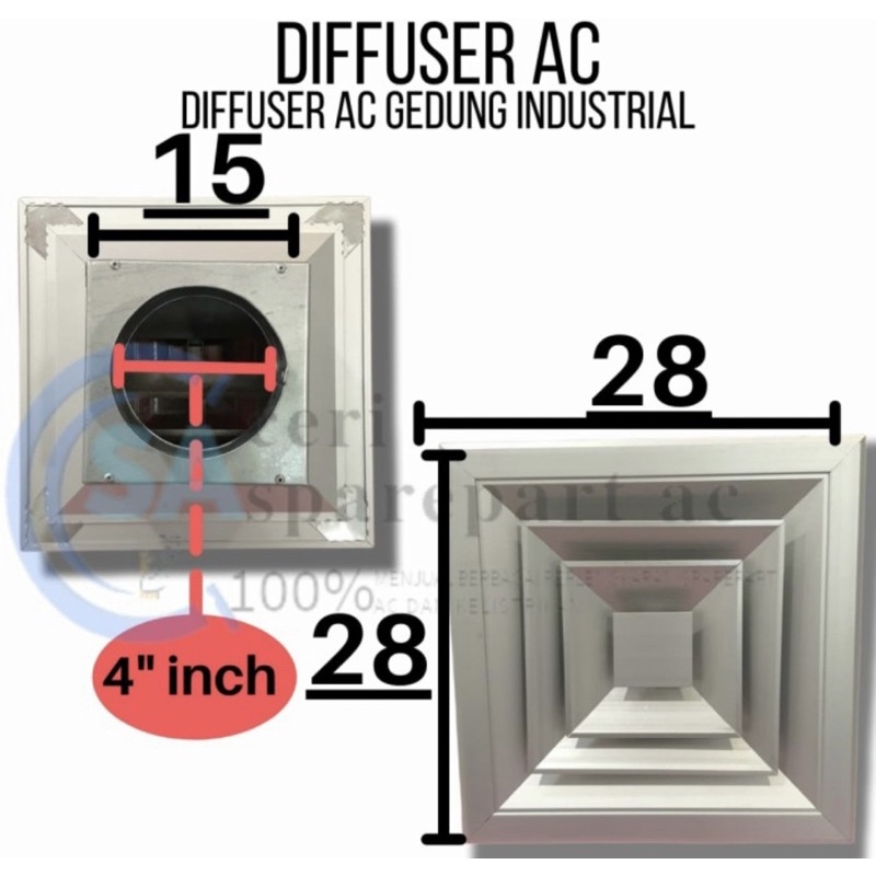 Jual Difuser ducting ac 28x28cm ukuran luar + cerobong 4inch diffuser ...
